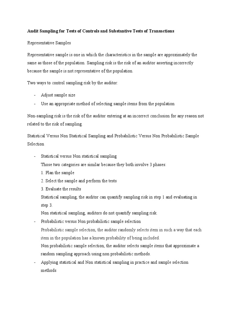 Audit Sampling For Tests Of Controls And Substantive Tests Of Transactions Pdf Sampling