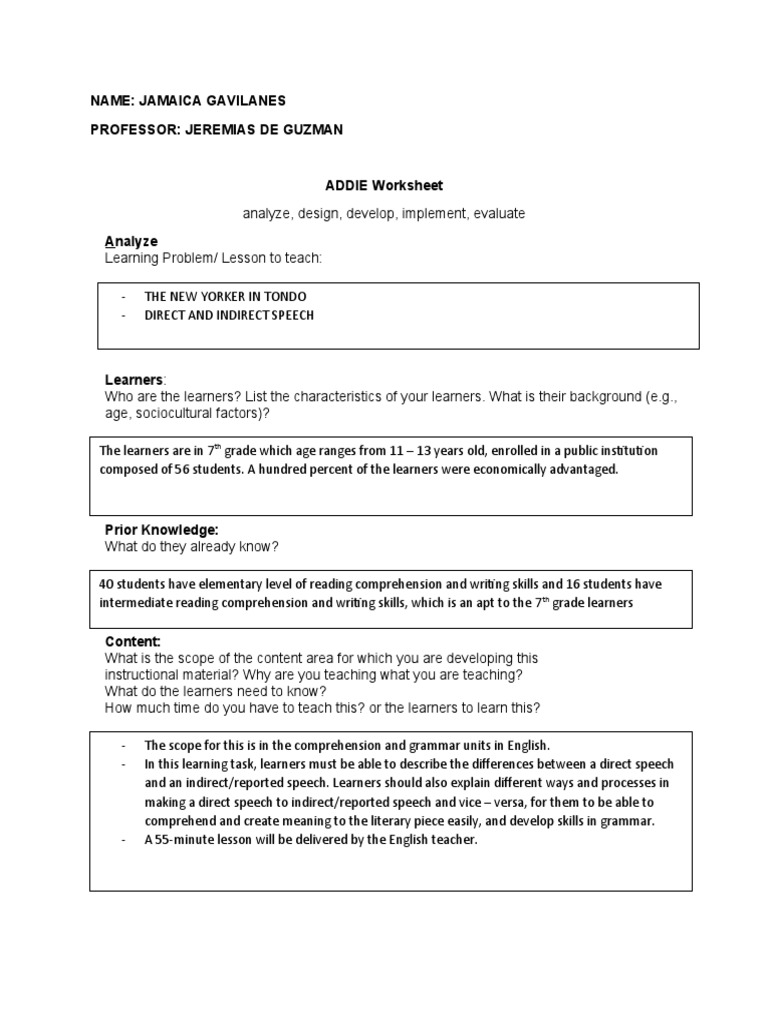 Addie Worksheet Na Nakakstress | PDF | Pedagogy | Applied Psychology