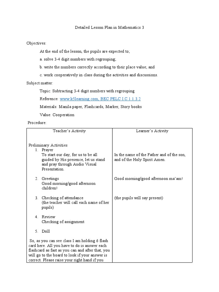 Detailed Lesson Plan in Mathematics 3 | PDF | Subtraction | Teaching