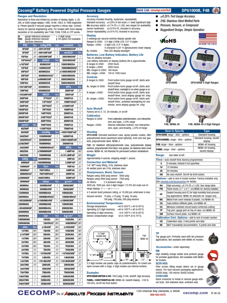 Cecomp: Cecomp Battery Powered Digital Pressure Gauges DPG1000B, F4B | PDF | Calibration | Vacuum