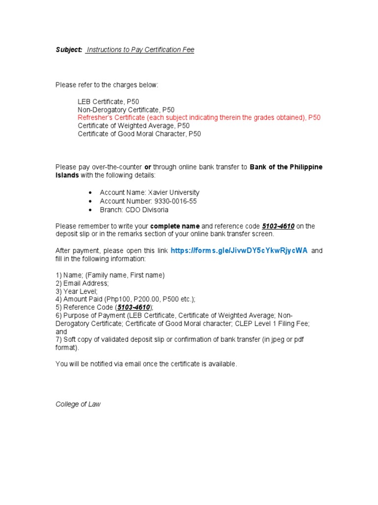 Subject: Instructions To Pay Certification Fee | PDF | Business