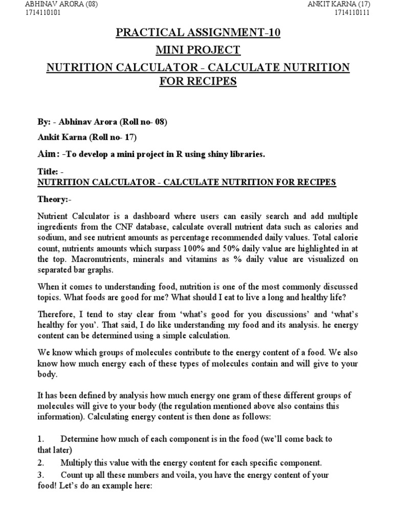Practical Assignment-10 Mini Project Nutrition Calculator - Calculate ...