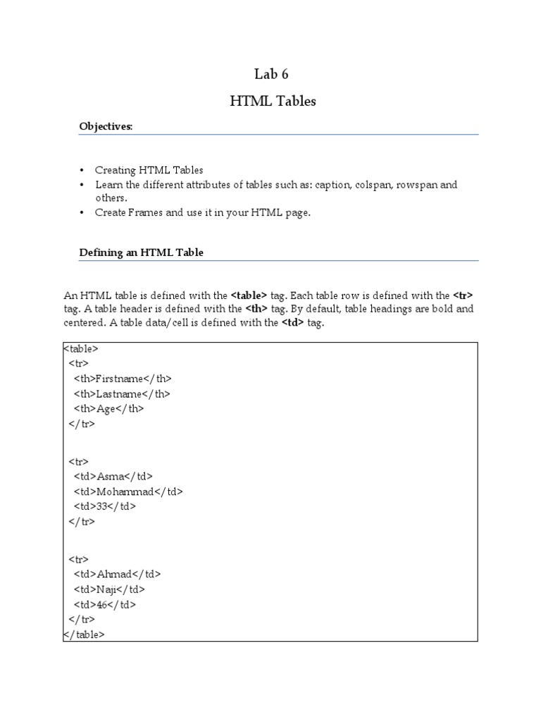 Lab 6 HTML Tables: Objectives | PDF | Html Element | Internet