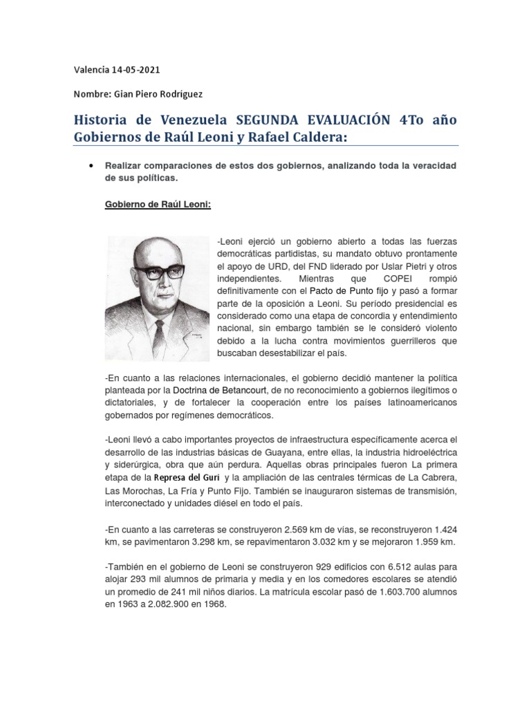 Historia de Venezuela Gobierno de Raul Leoni y Rafael Caldera | PDF ...