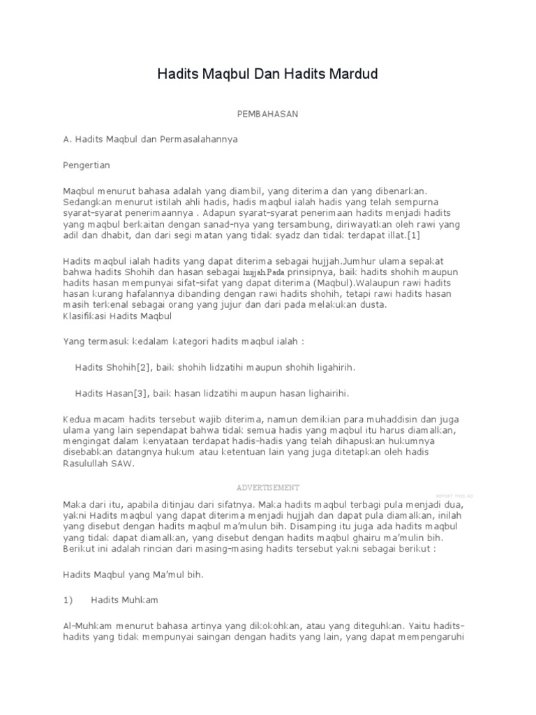 Pengertian Hadits Maqbul dan Mardud | PDF
