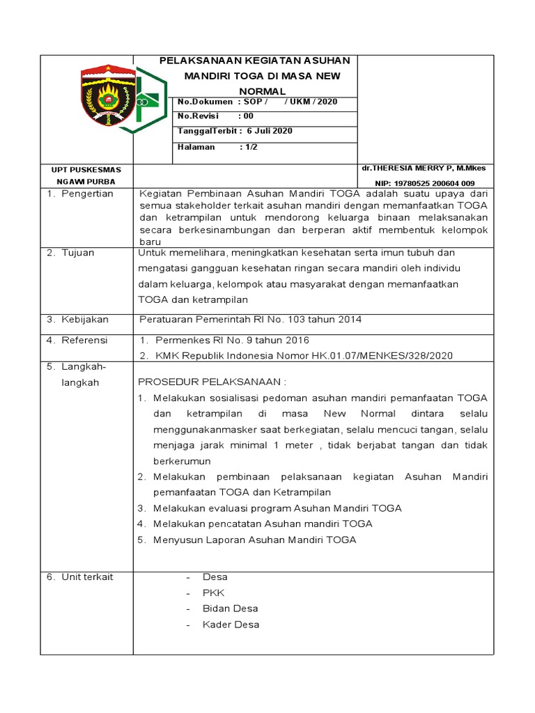 Sop Terbaru Pelaksanaan Kegiatan Asuhan Mandiri Toga Di Masa New Normal ...