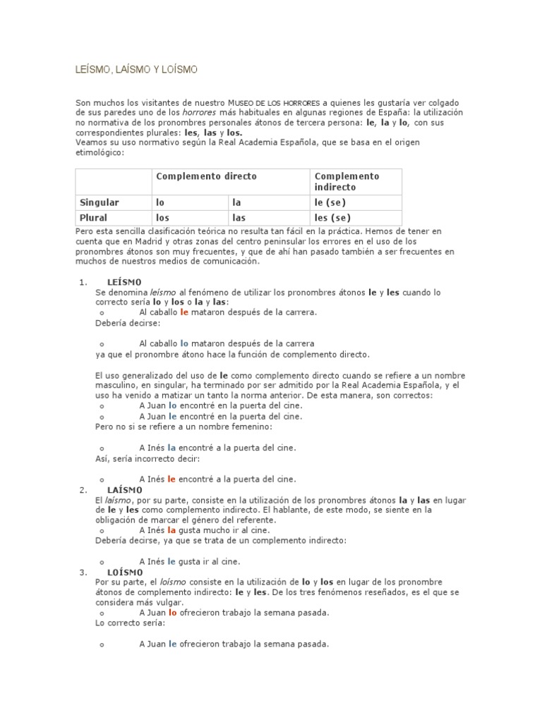 Laísmo, Leísmo y Loísmo | PDF | Morfología | Tipología Lingüística