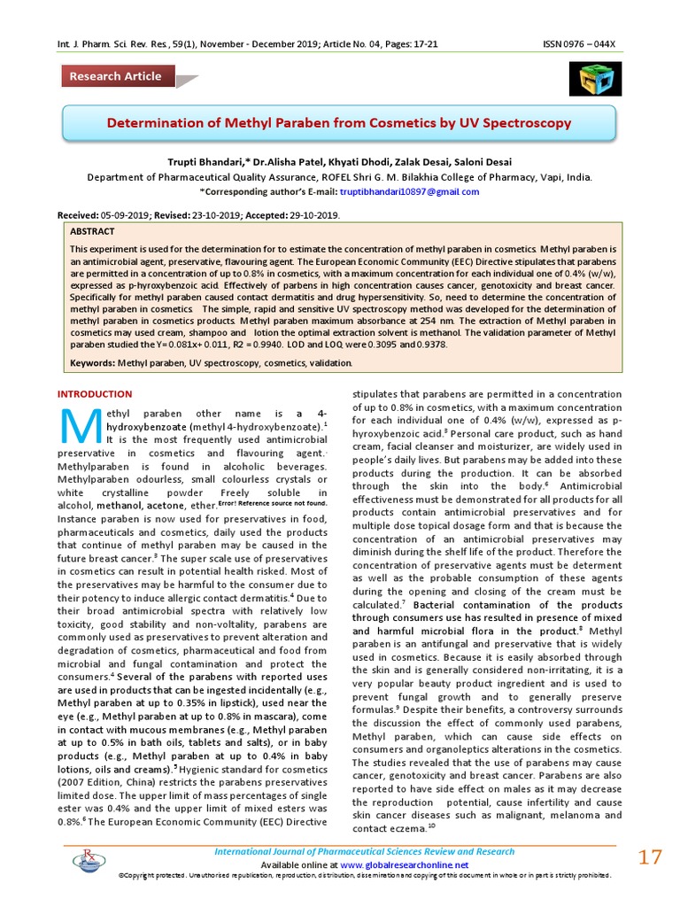 Determination of Methyl Paraben From Cosmetics by UV Spectros | PDF ...