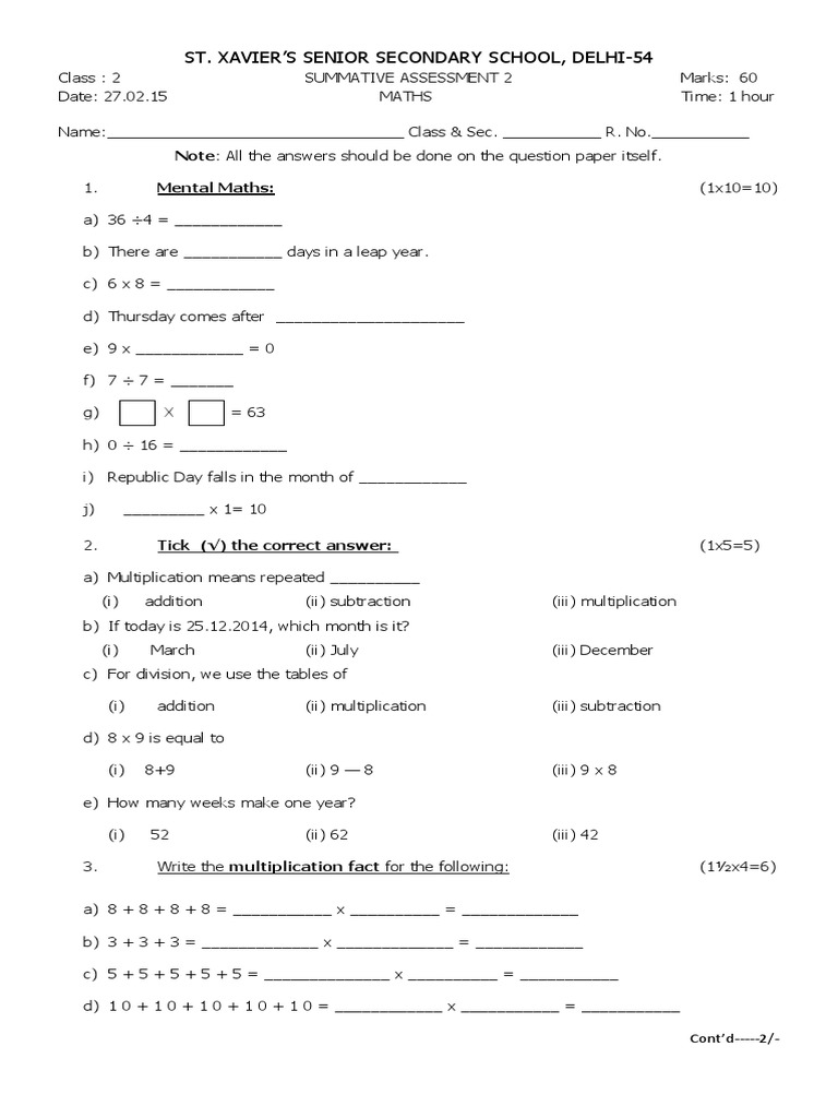 ICSE Class 2 Annual Exam Model Question Paper 2 - MATHS | PDF ...