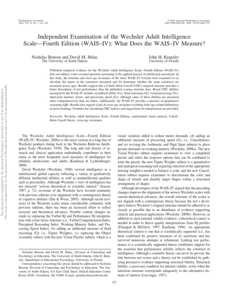 Independent Examination of The Wechsler Adult Intelligence Scale-Fourth ...