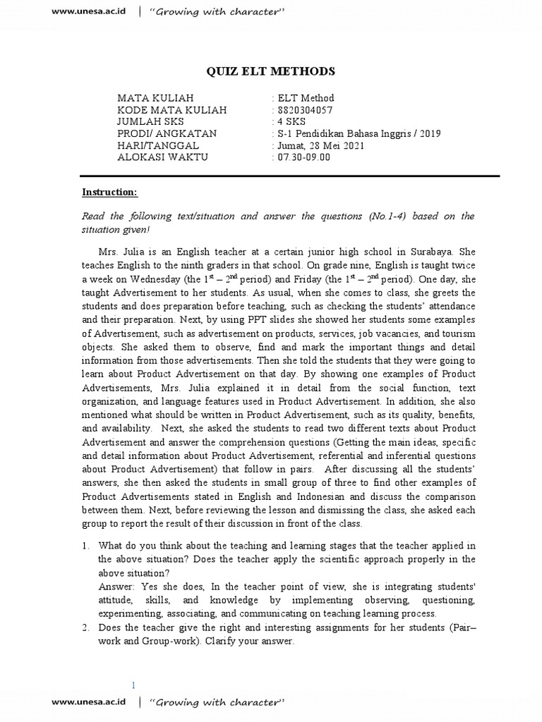 Quiz Elt Methods: Instruction | PDF | Project Based Learning | Learning