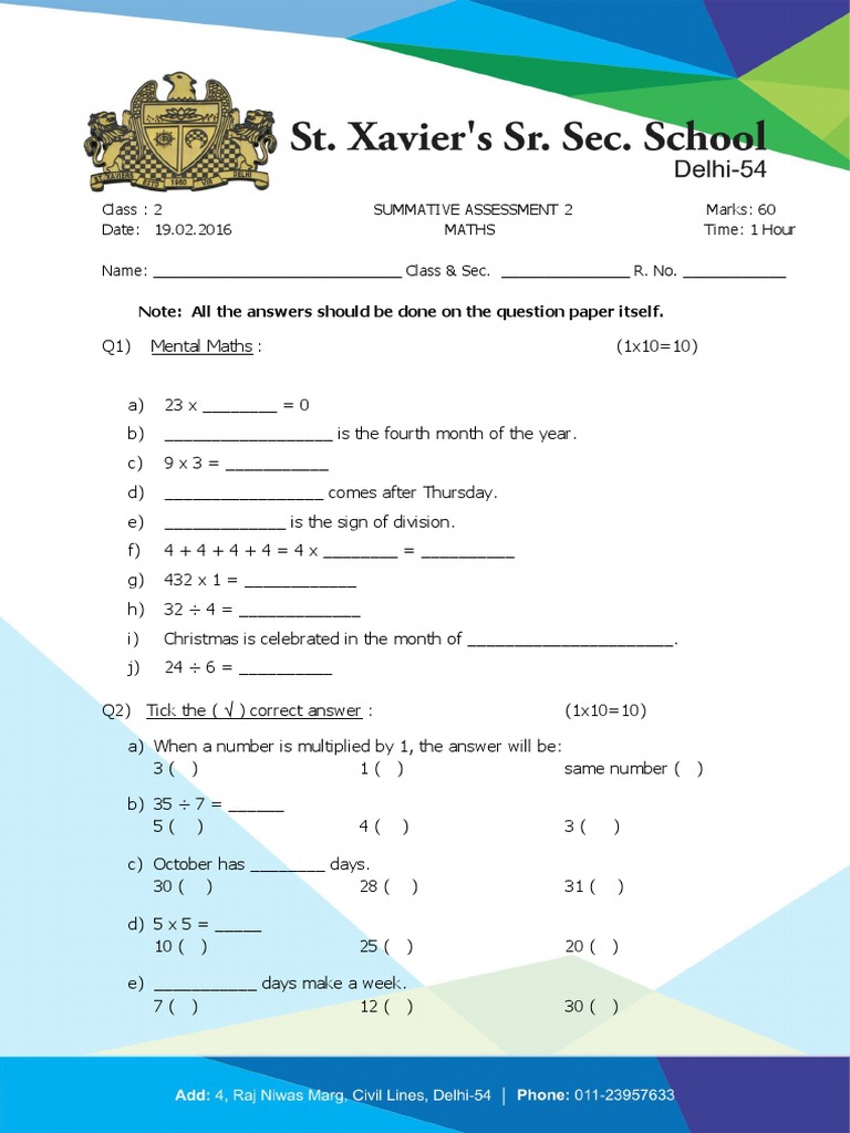 ICSE Class 2 Annual Exam Model Question Paper 1 - MATHS | PDF ...