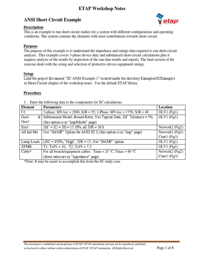 ETAP Workshop Notes ANSI Short Circuit Example: Description | PDF ...