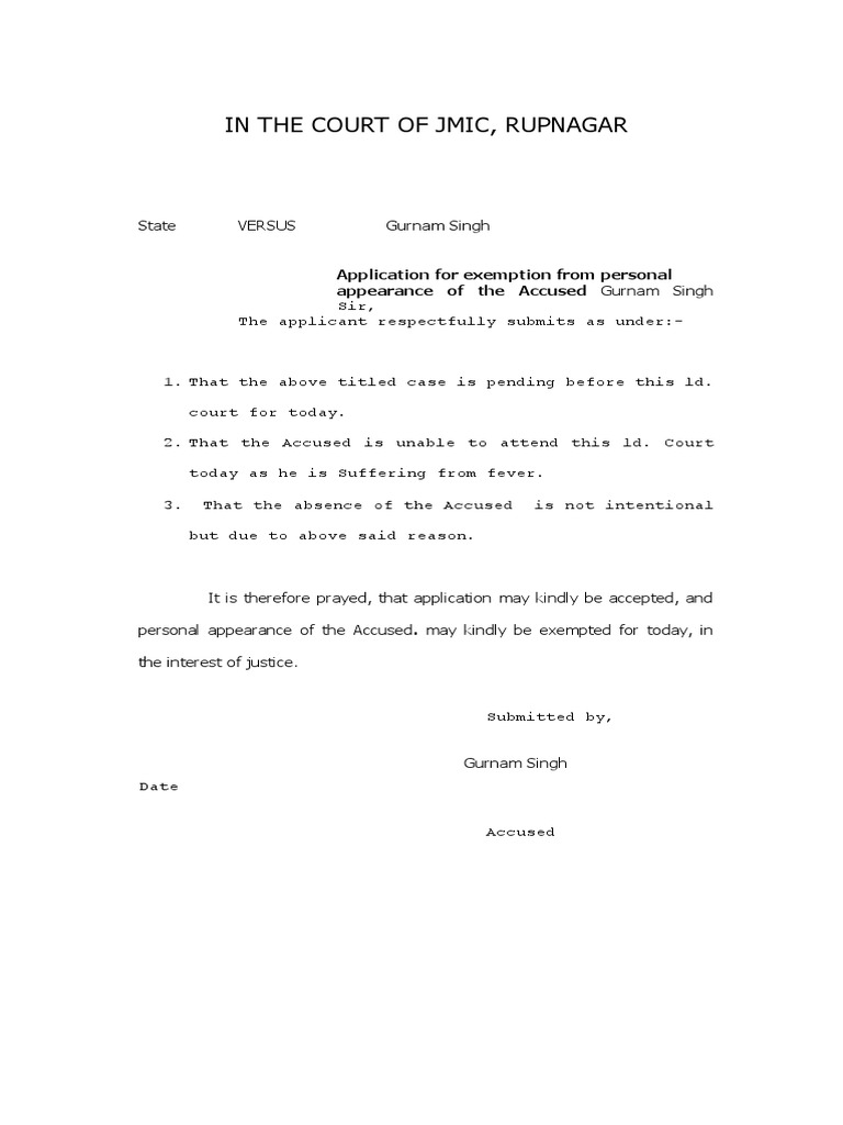 In The Court of Jmic, Rupnagar: Application For Exemption From Personal ...