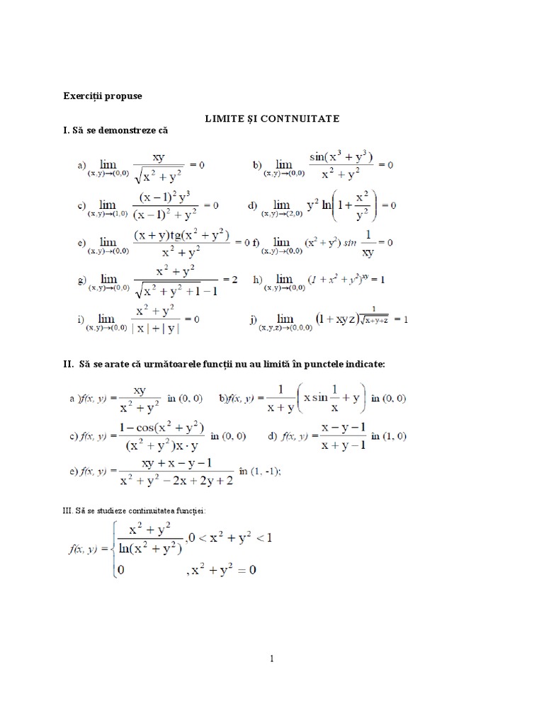 Exercitii Limite Diferentiabilitate Sem 2 | PDF