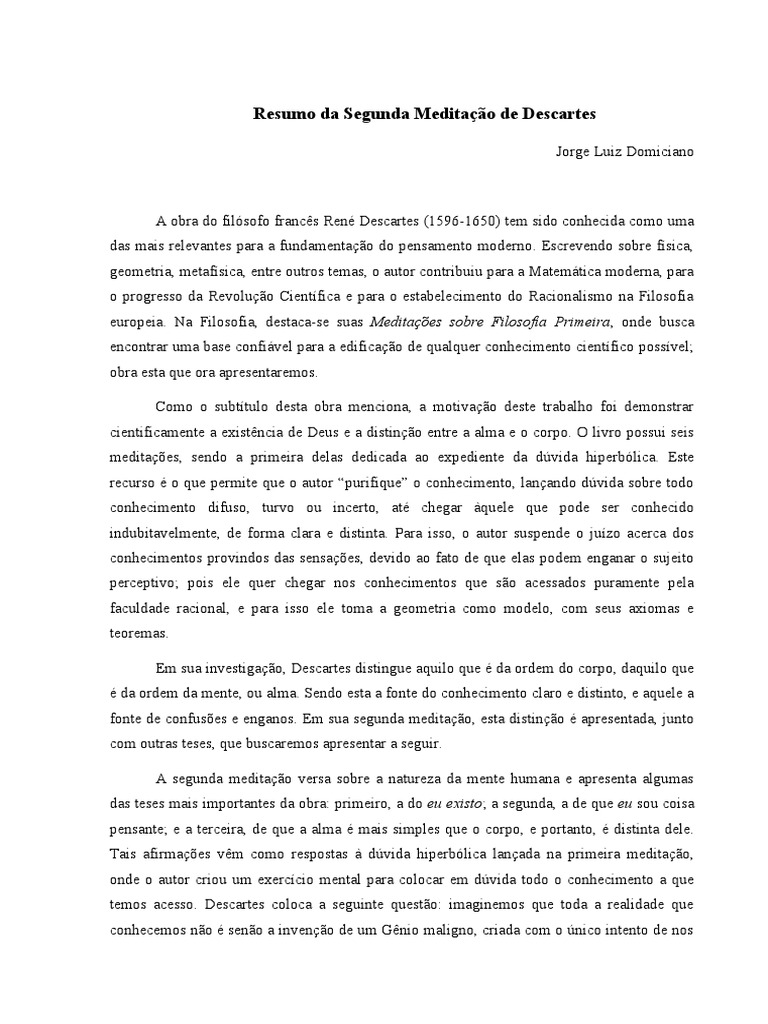 Resumo Segunda Meditação de Descartes, Jorge | PDF | René Descartes ...