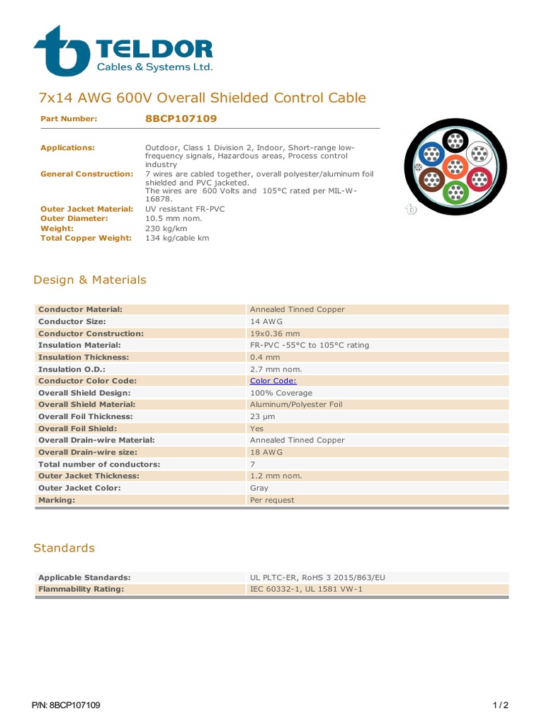 7x14 AWG 600V Overall Shielded Control Cable - 8BCP107109 - V - 1 - R ...
