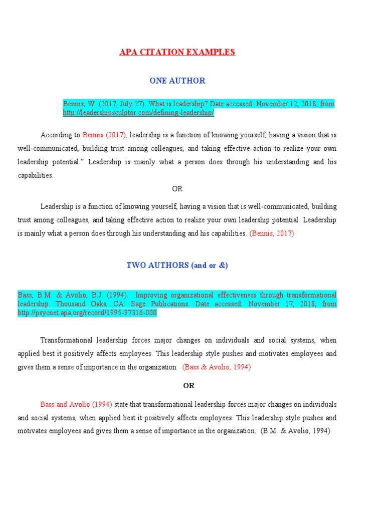 Apa Citation Examples: One Author | PDF | Transformational Leadership ...