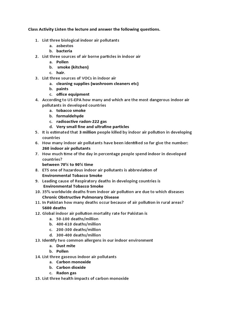 Student Worksheet - Indoor Air Pollution
