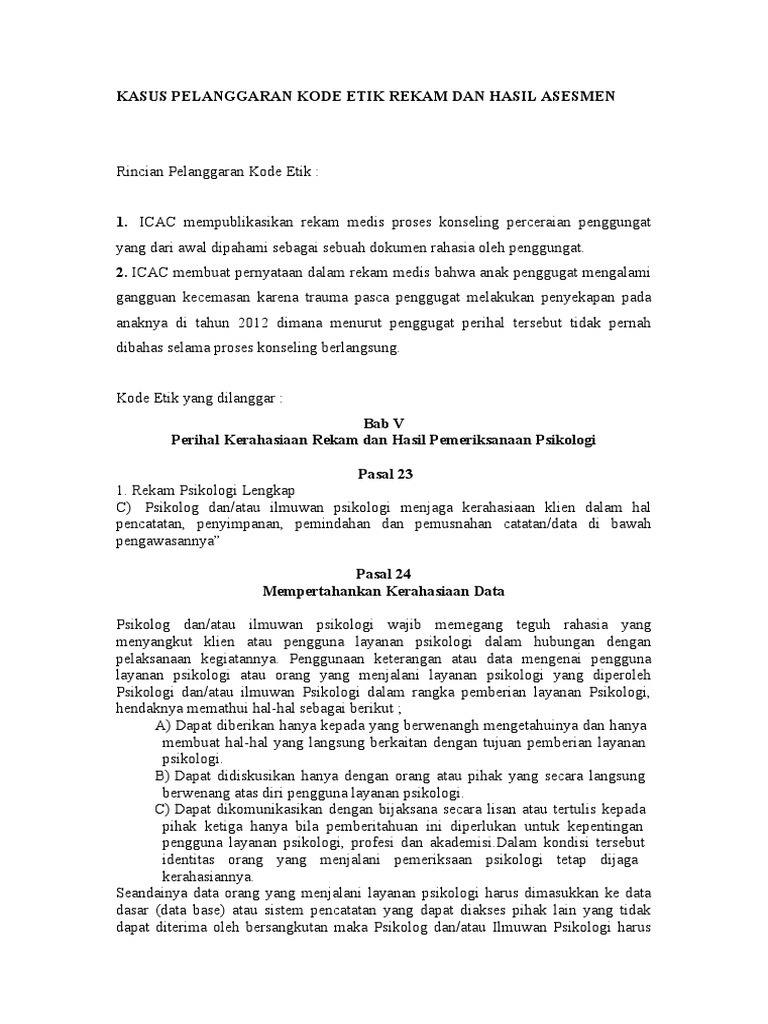 Kasus Pelanggaran Kode Etik Rekam Dan Hasil Asesme | PDF