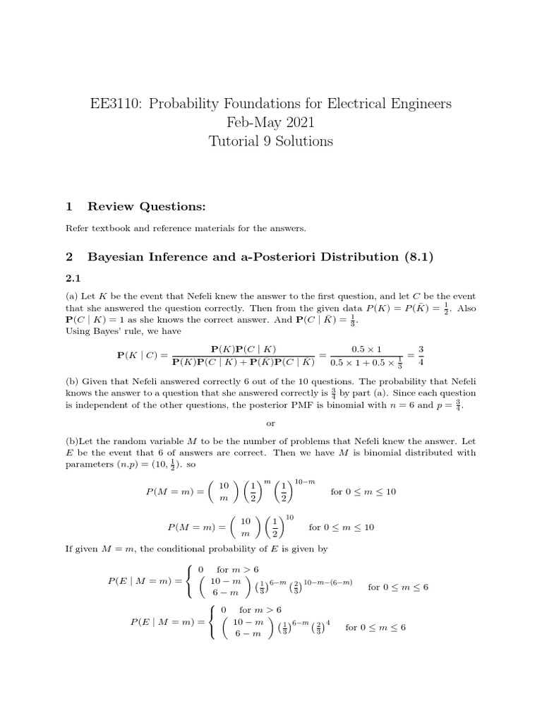 EE3110: Probability Foundations For Electrical Engineers Feb-May 2021 Tutorial 9 Solutions | PDF ...