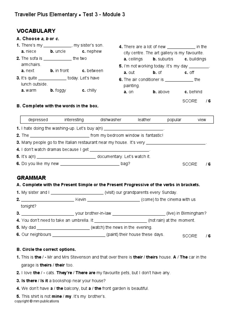 Vocabulary: Traveller Plus Elementary Test 3 - Module 3 | PDF