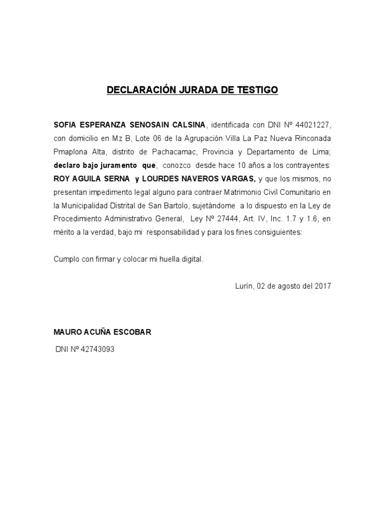 Declaración Jurada de Testigo | PDF Declaración Jurada de Testigo | PDF