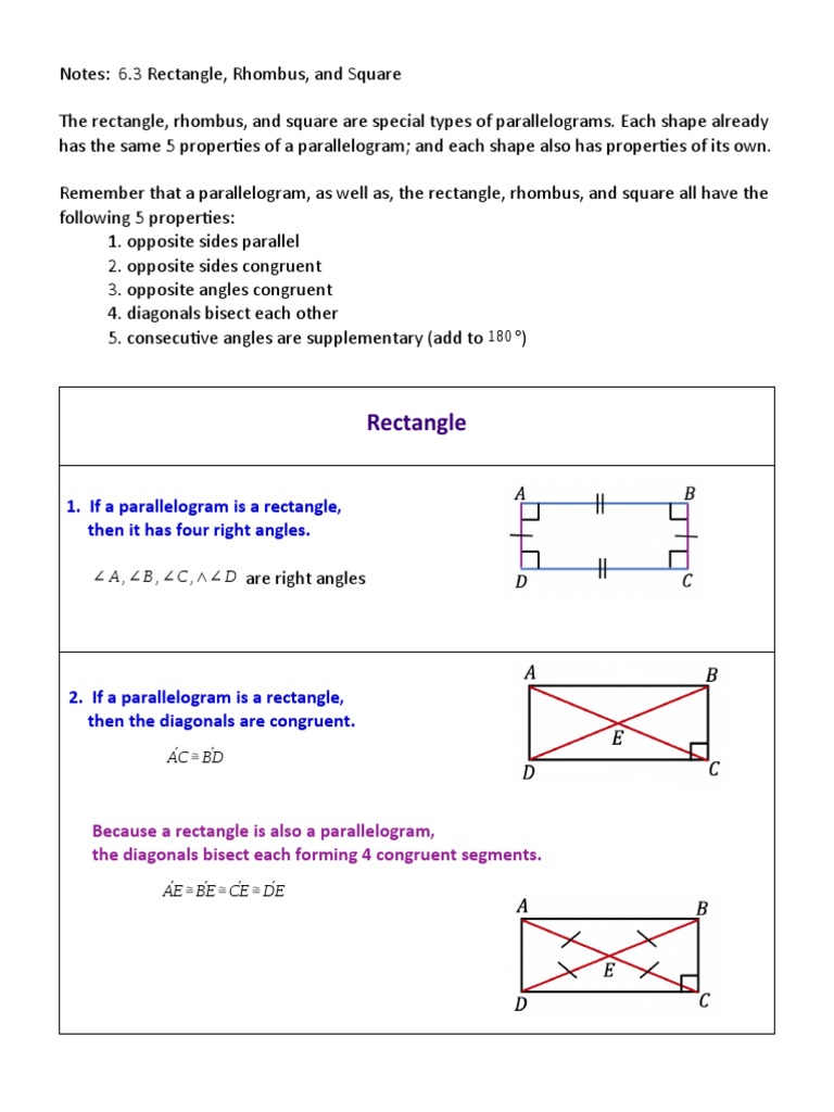 Notes 6.3 Rectangle, Rhombus, Square | PDF | Rectangle | Elementary ...