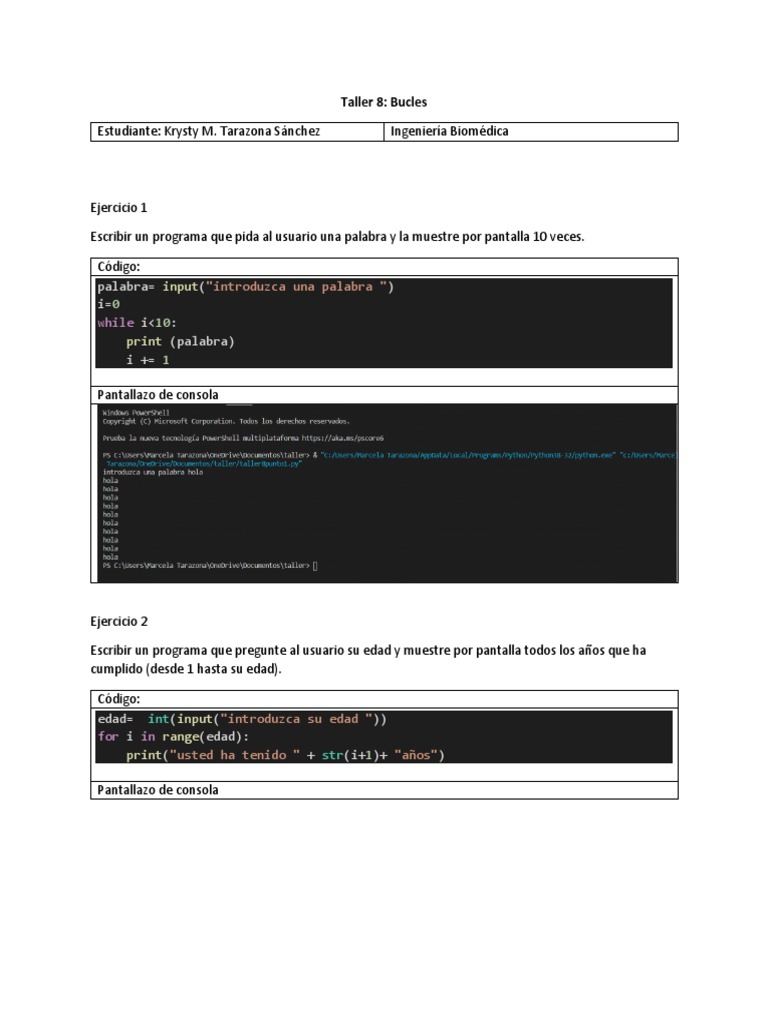 Taller 8: Ejercicios de Bucles en Python | PDF