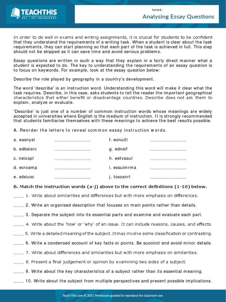 Analysing Essay Questions Interactive Worksheet | PDF | Essays ...