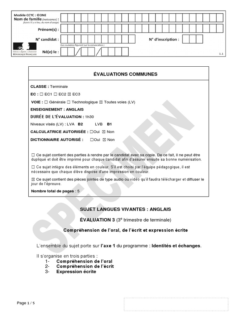 Sujet E3C Anglais Terminale 2023 | PDF | Langues