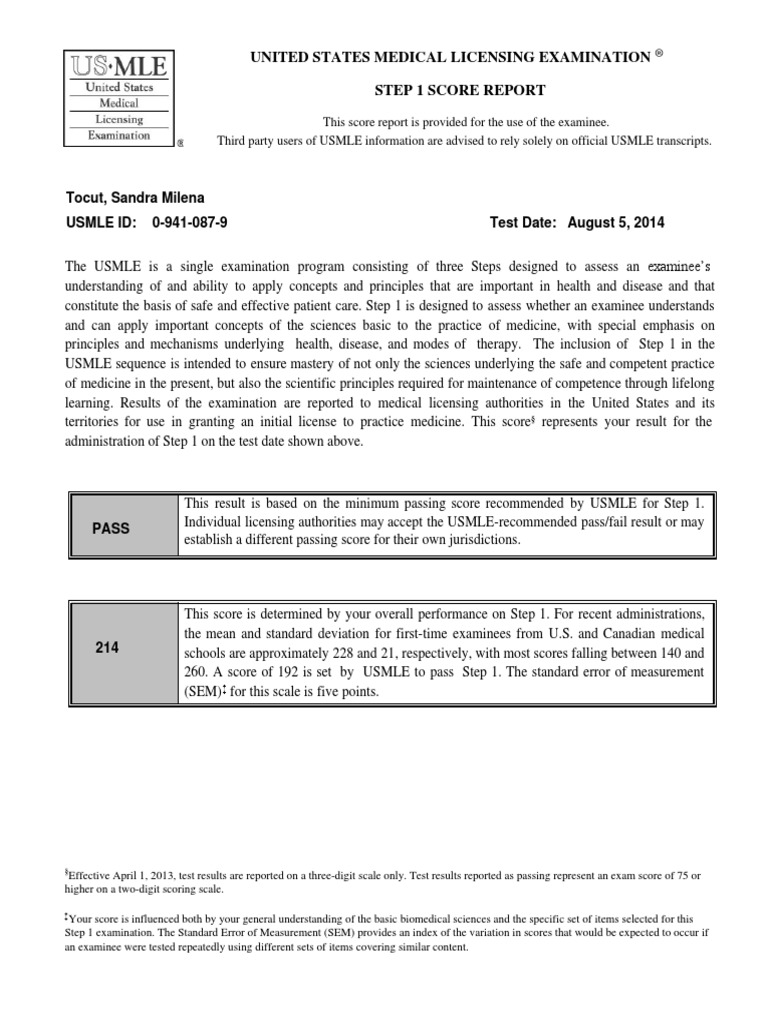 United States Medical Licensing Examination Step 1 Score Report | PDF ...