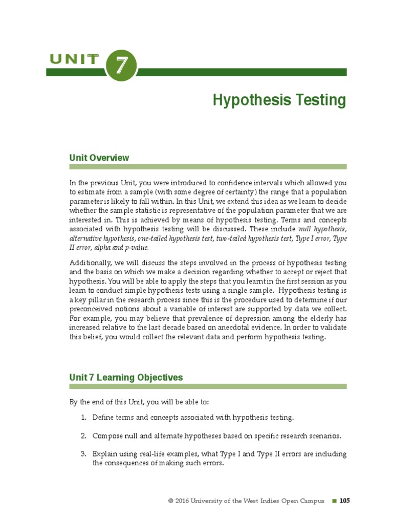 Hypothesis Itesting: Unit U | PDF | Statistical Hypothesis Testing | P ...