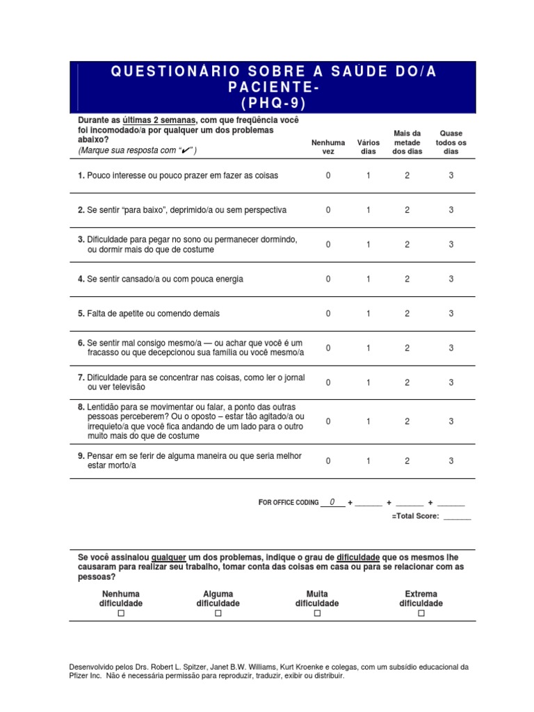 PHQ9 - Portuguese For Brazil | PDF | Psicologia | Bem-estar