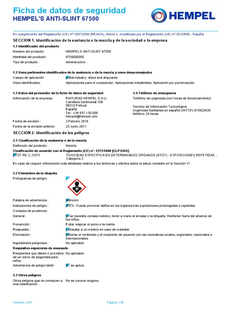 Ficha Seguridad Hempel Anti-Slint 6750000000 | PDF | Toxicidad | Residuos