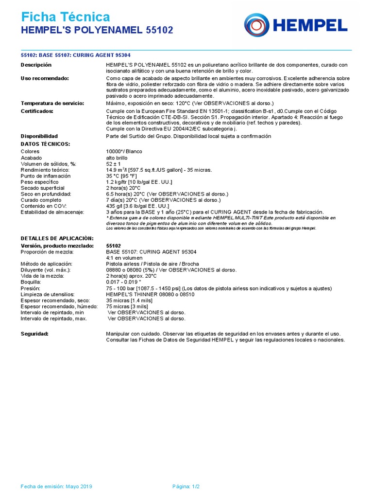 Ficha Técnica Hempel Polyenamel 5510219990 | PDF | Pintar | Agua