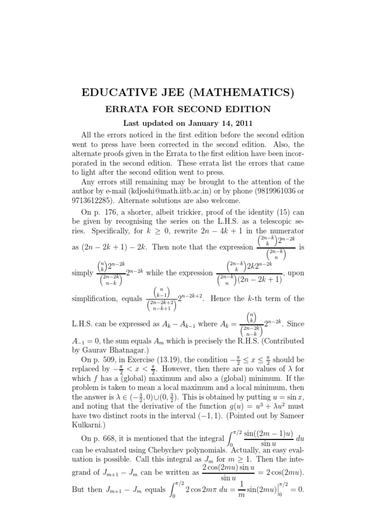 Educative Jee (Mathematics) : Errata For Second Edition | PDF ...