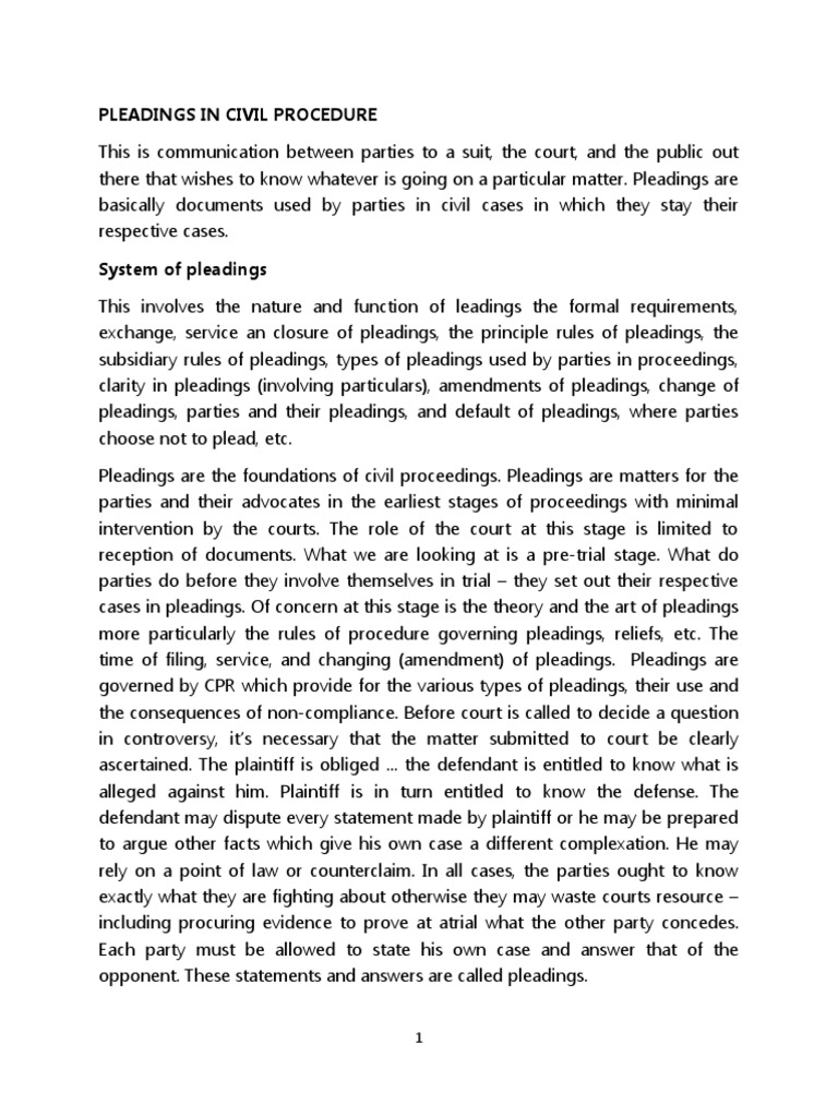Pleadings in Civil Procedure | PDF | Pleading | Lawsuit