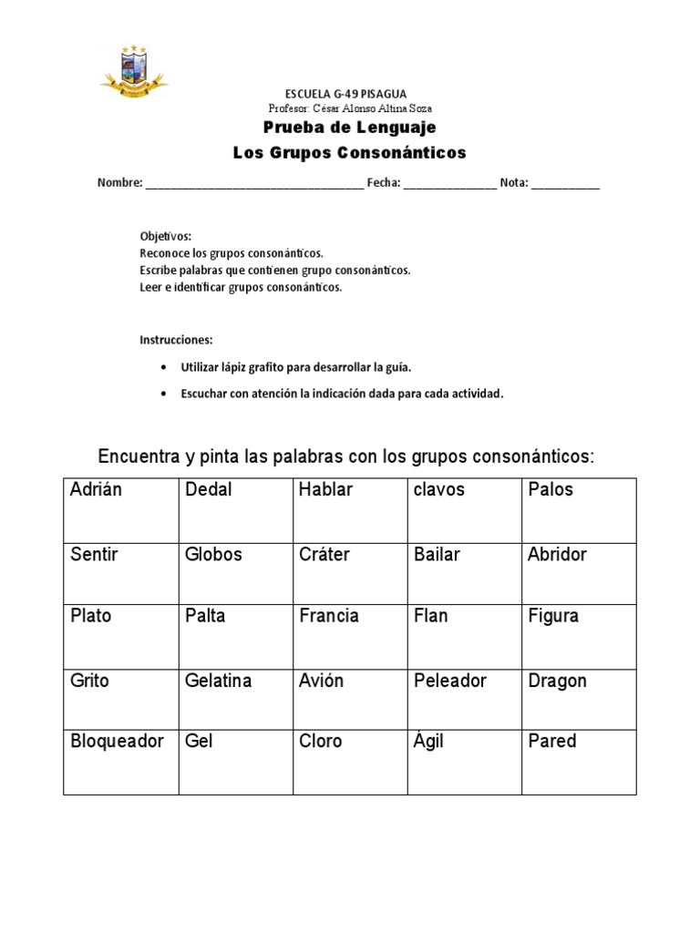 Actividades sobre Grupos Consonánticos | PDF | Artes del Lenguaje y ...