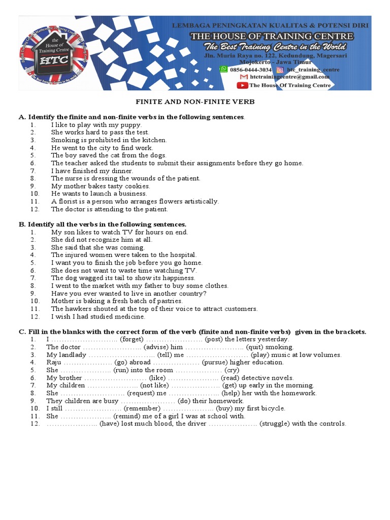 Finite and Non-Finite Verbs Worksheet | PDF | Syntax | Grammar