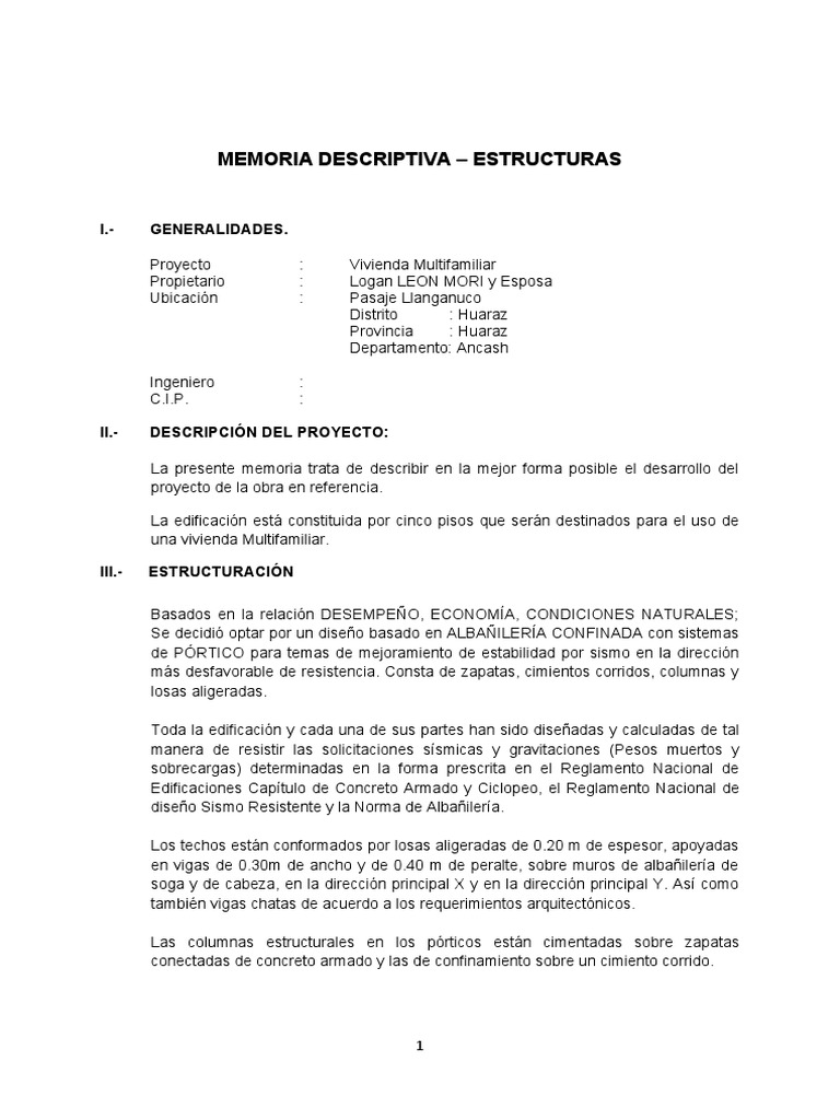 Memoria Descriptiva Estructuras | PDF | Fundación (Ingeniería) | Elementos arquitectónicos