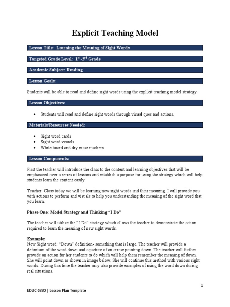 Explicit Teaching of Sight Words | PDF | Lesson Plan | Teachers