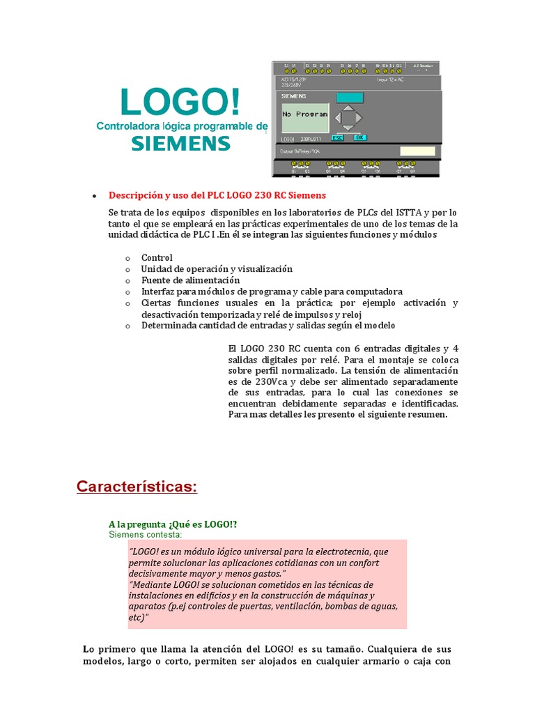 Descripcion y Uso Del PLC LOGO 230 RC Siemens | PDF | Controlador ...