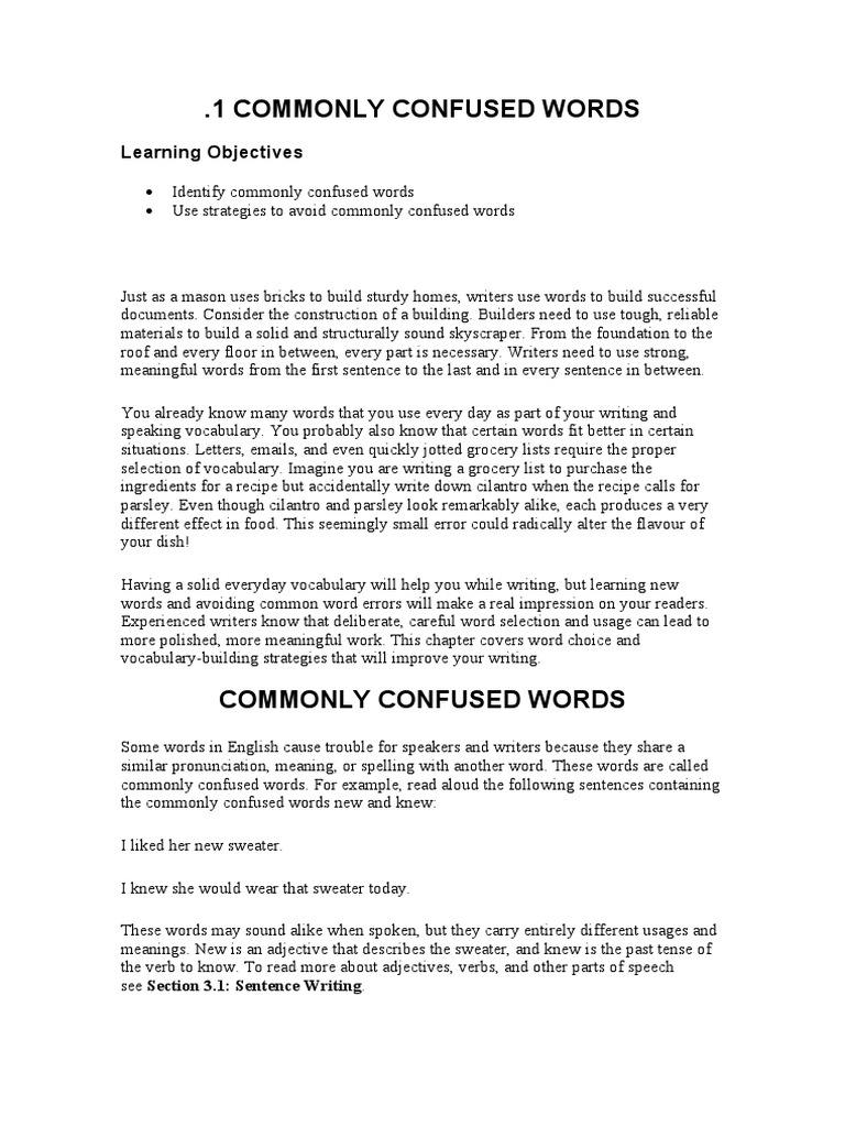 .1 Commonly Confused Words: Learning Objectives | PDF | Verb | Adjective