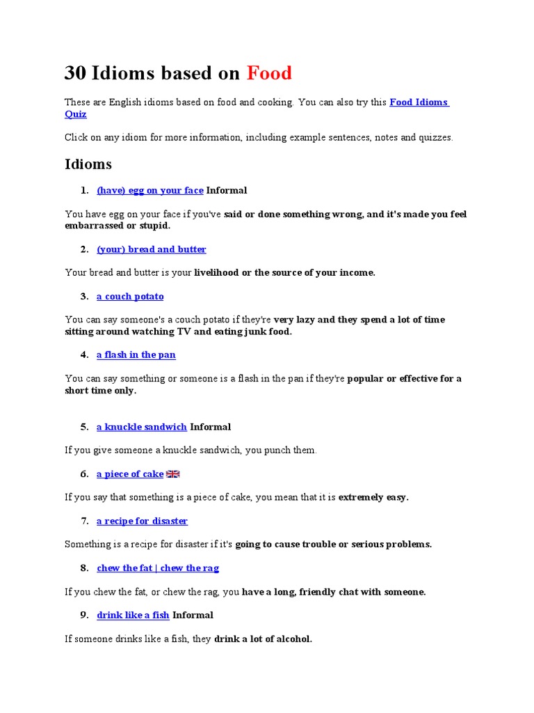30 Idioms Based On Food | Download Free PDF | Salt | Food And Drink
