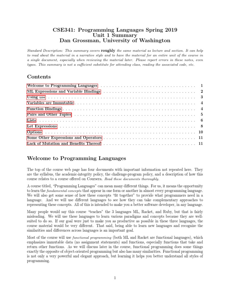 CSE341: Programming Languages Spring 2019 Unit 1 Summary Dan Grossman, University of Washington ...