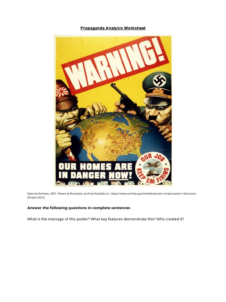 Propaganda Analysis Worksheet: Answer The Following Questions in ...