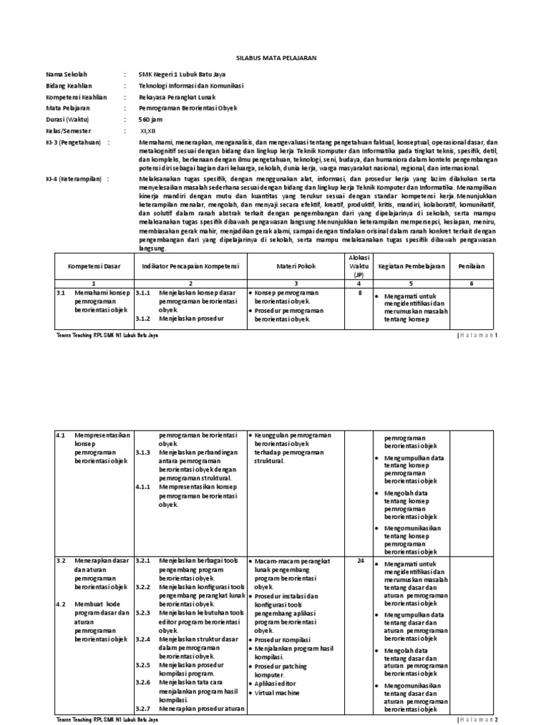 SILABUS RPL Pemrograman Berorientasi Obyek | PDF | Komputer