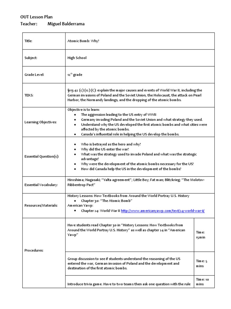 OUT Lesson Plan Teacher: Miguel Balderrama | Download Free PDF | World ...