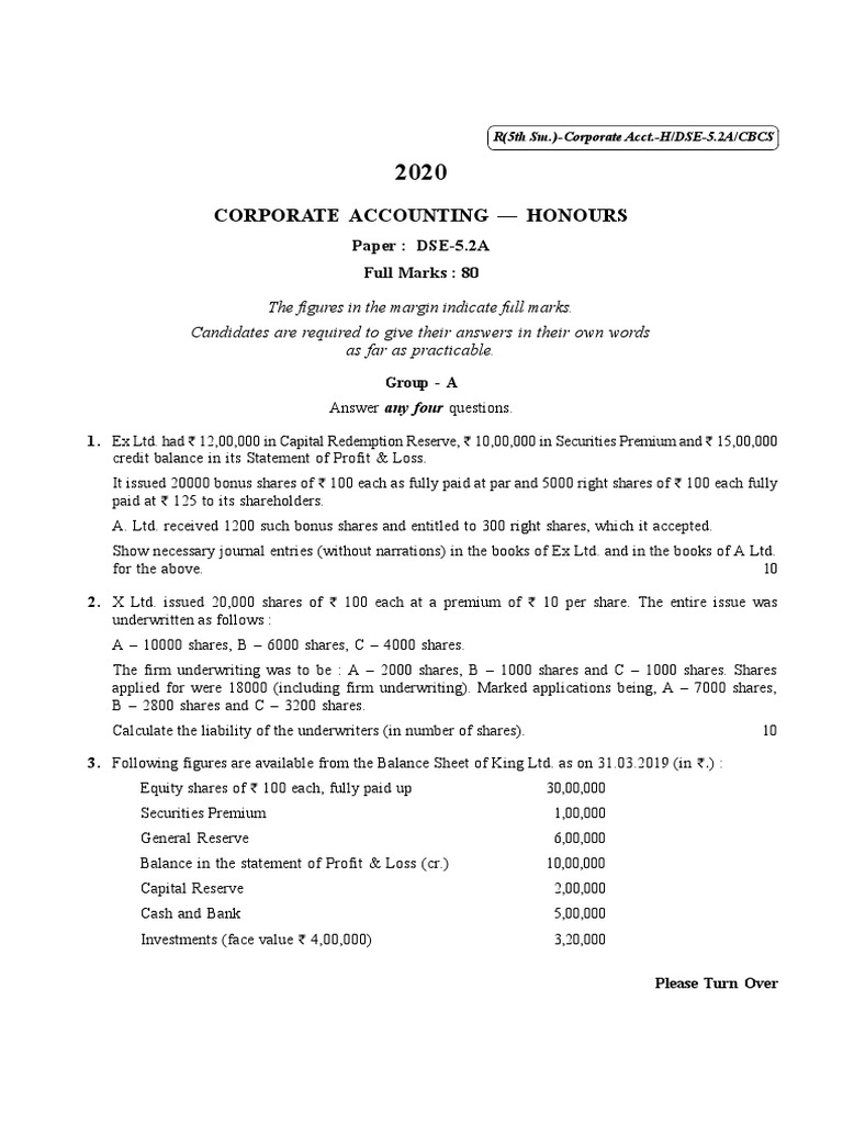 Sem-5 10 BCOM HONS DSE-5.2A CORPORATE-ACCOUNTING-0758 | PDF | Equity (Finance) | Balance Sheet
